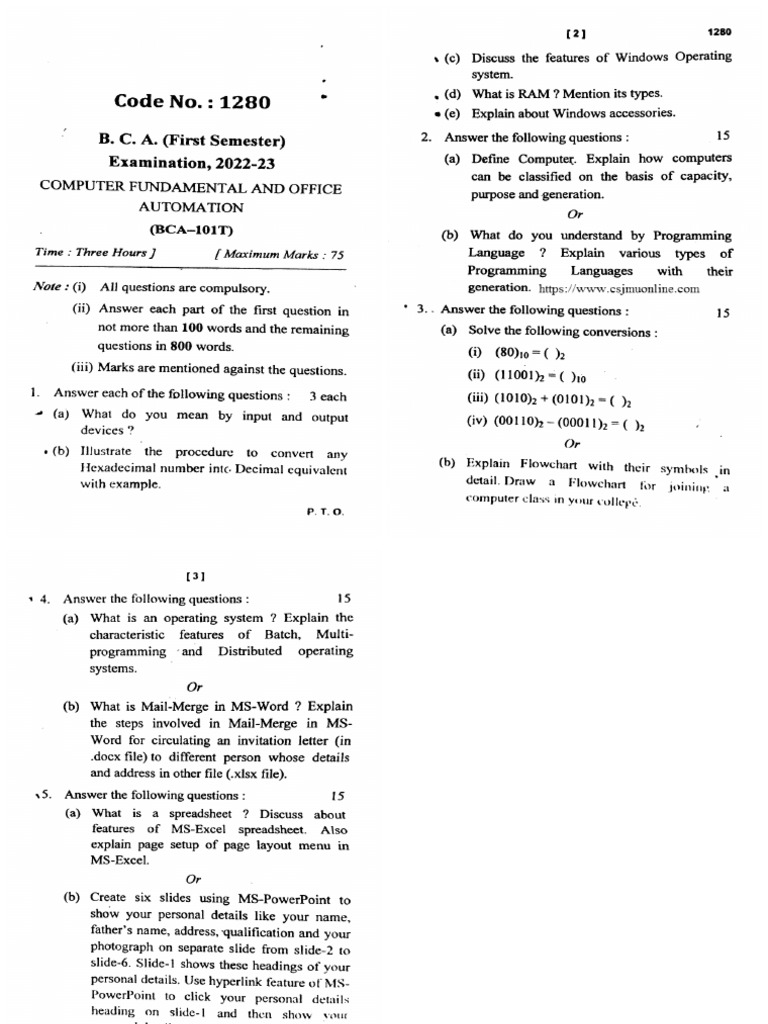 Bca 1 Sem Computer Fundamental and Office Automation 1280 2023 | PDF