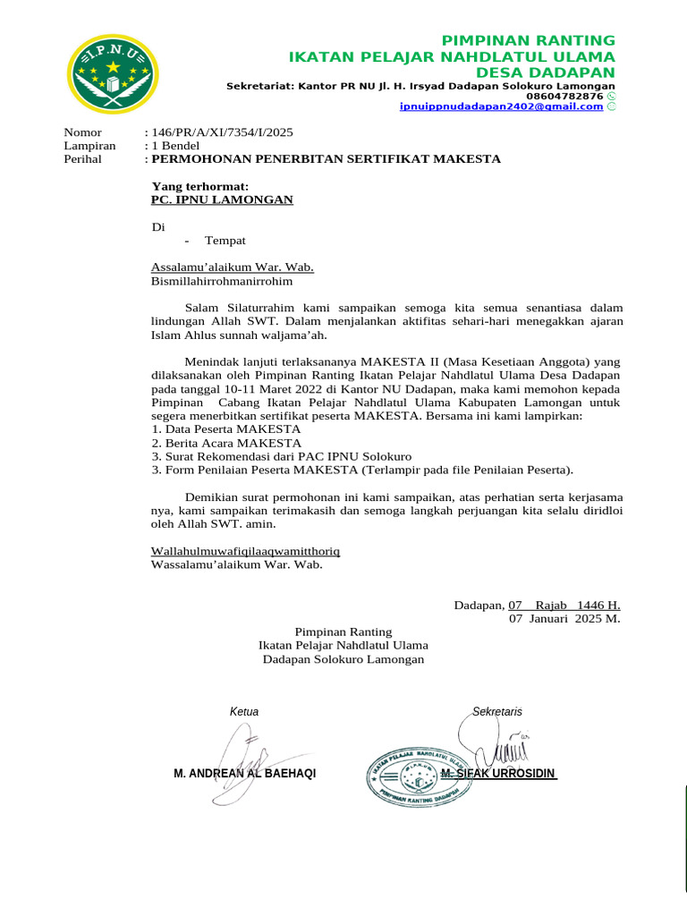 Pengajuan Sertifikat PC PR IPNU | PDF