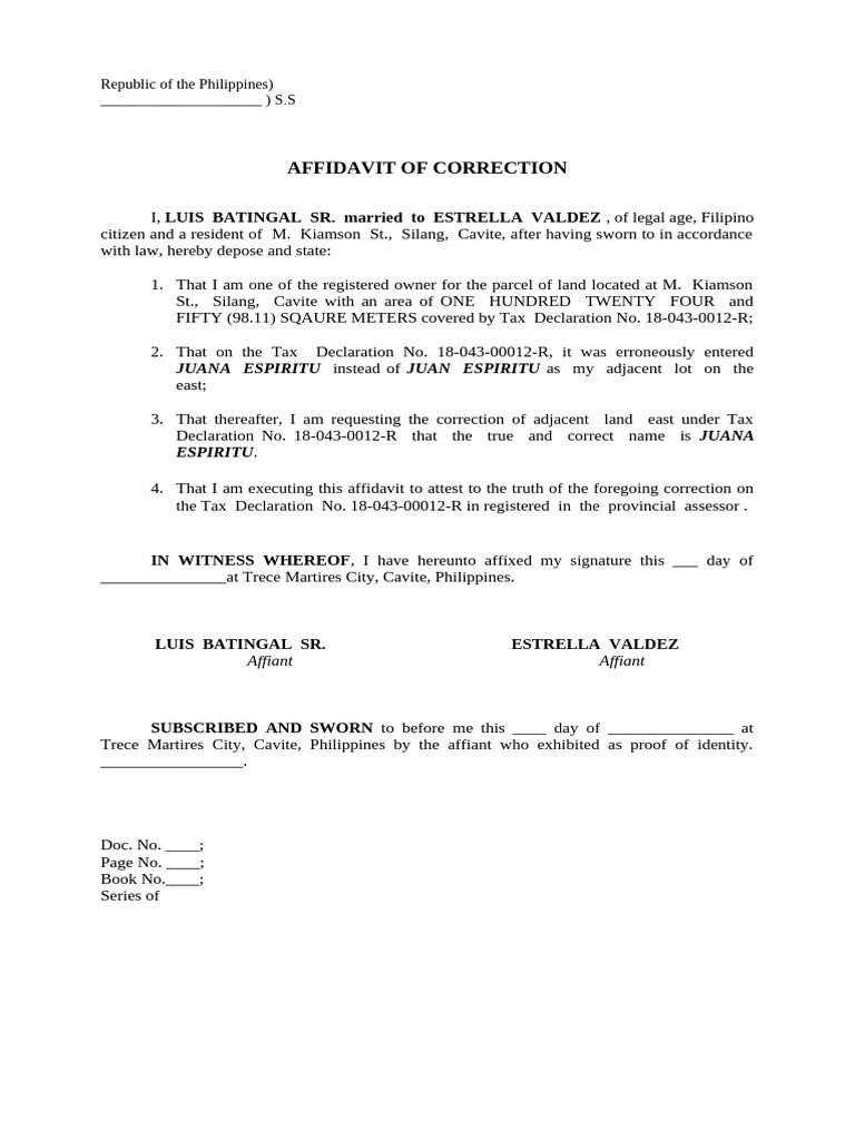 Affidavit of Correction for Tax Declaration | PDF