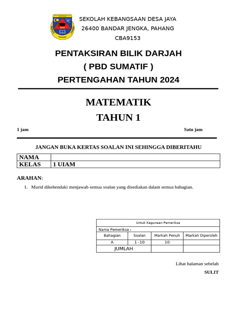 Cover PBD Matematik Tahun 1 | PDF