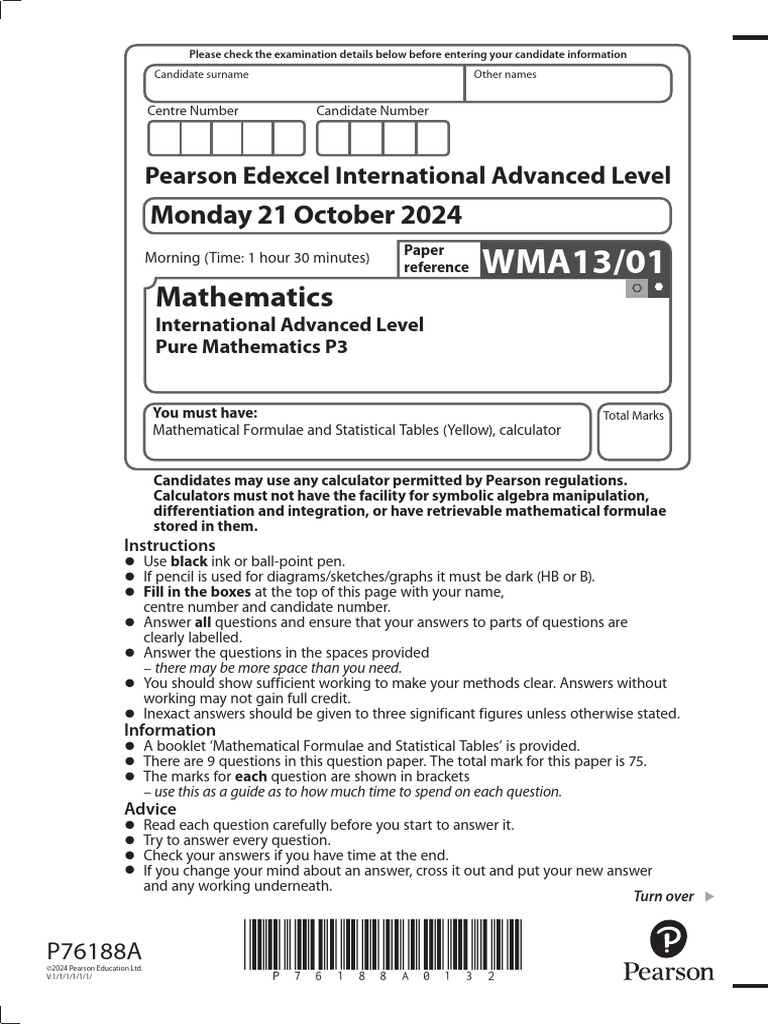 October 2024 Pure Mathematics P3 Exam | PDF | Mathematics | Area