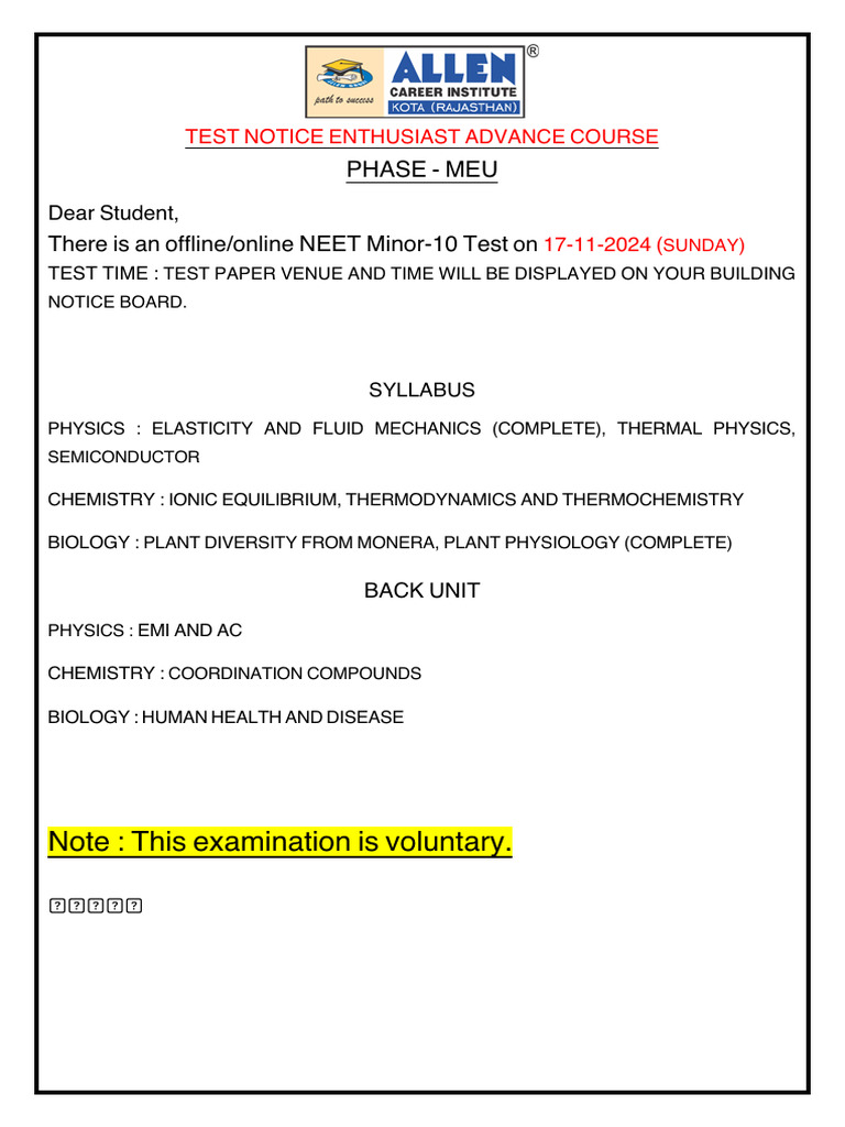 Note: This Examination Is Voluntary.: Phase - Meu | PDF