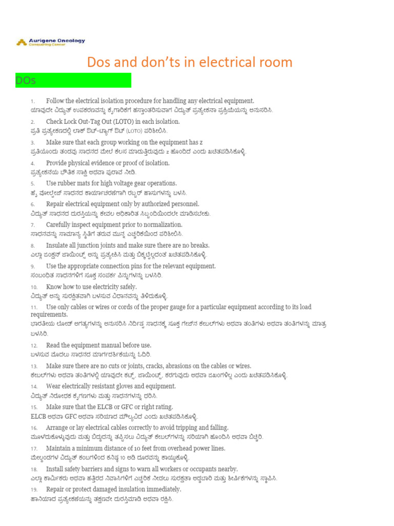 Dos and Donts in Electrical Room With Kannada | PDF