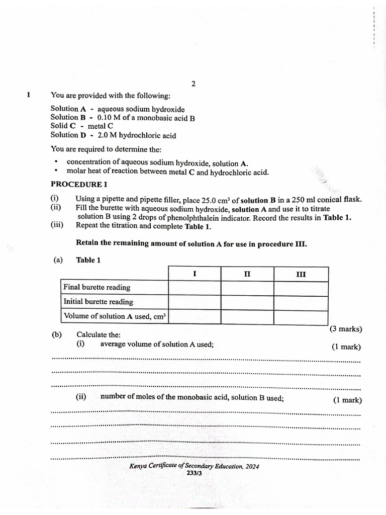KCSE Chemistry Paper 3 2024 | PDF