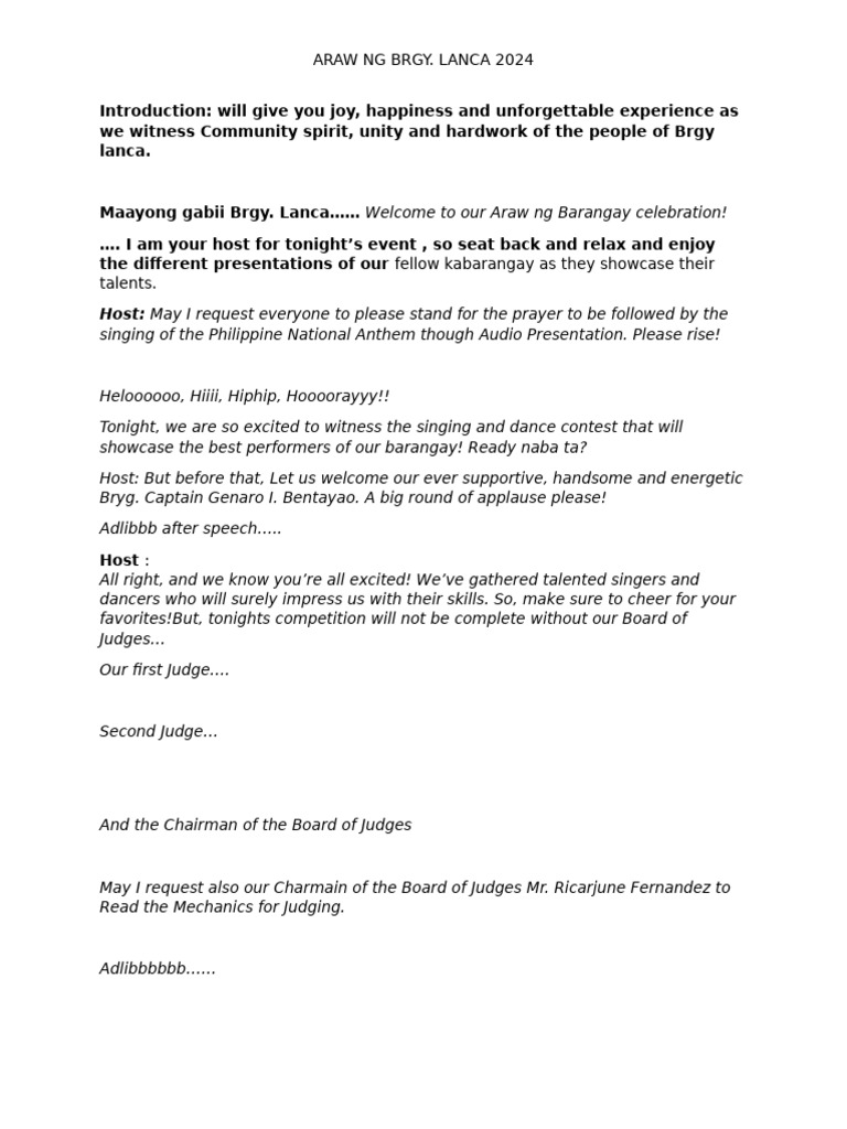 Script For Araw NG Barangay | PDF