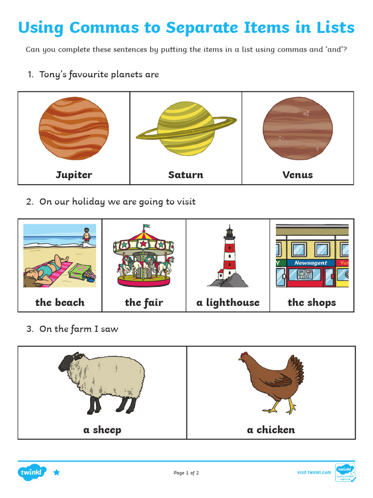 Using Commas to Separate Items in a List - LA | PDF