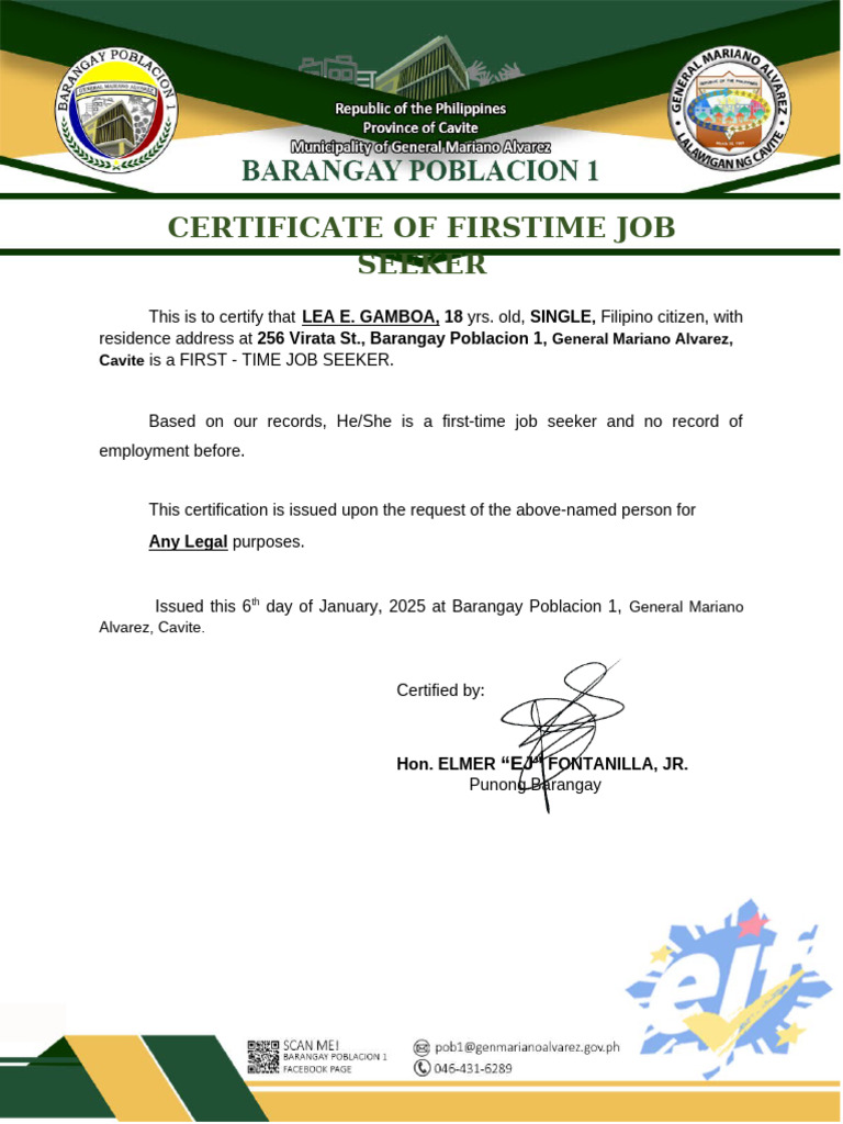Certificate of 1ST Time Job Seekers | PDF