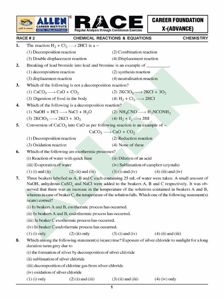 Race # 2 Chemical Reactions & Equations | PDF