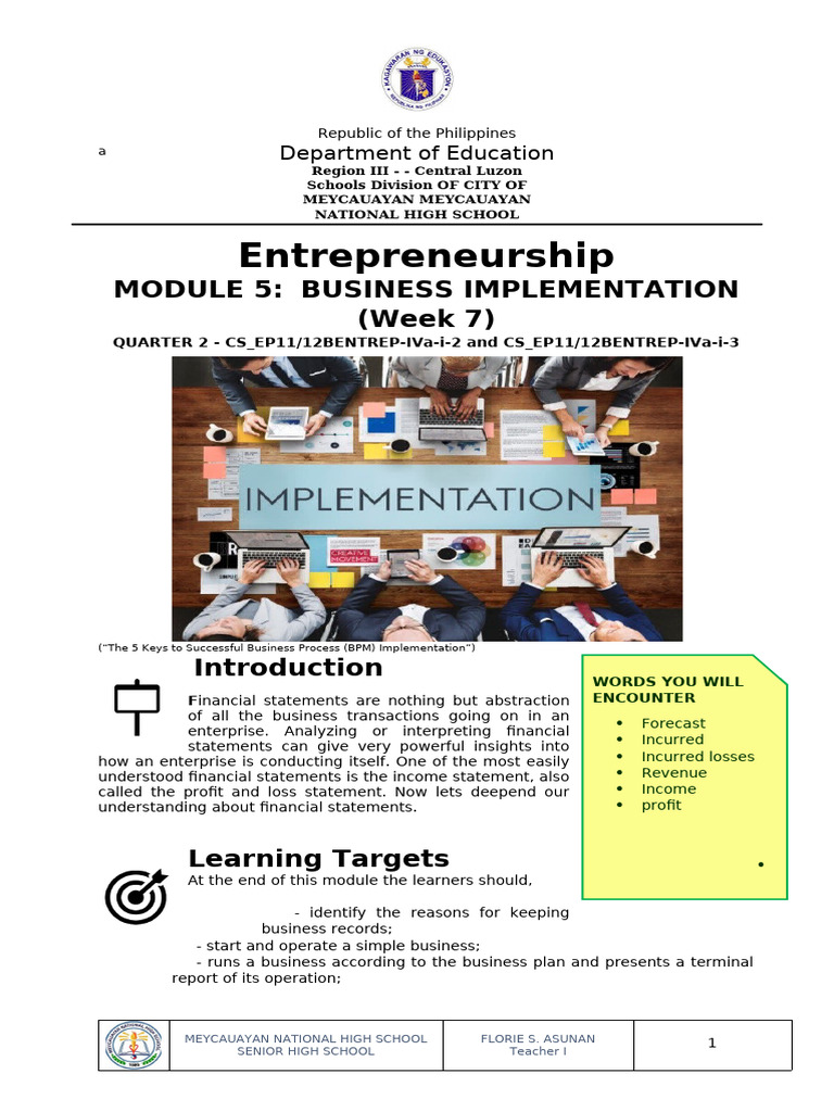 ENTREP Mod5 LESSON2_Q2W7 | PDF | Balance Sheet | Expense