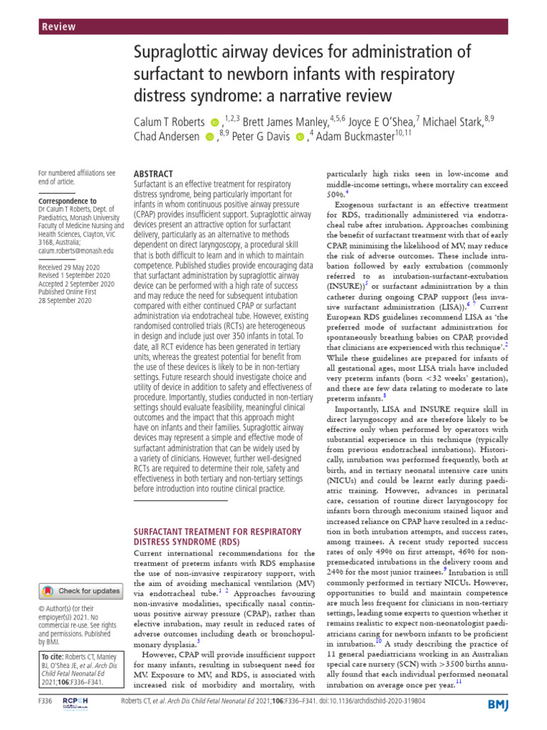Supraglottic airway devices fot administration of surfactant to newborn ...