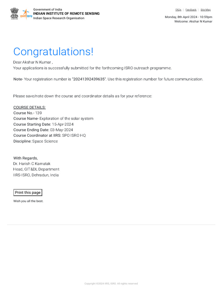 Start program ISRO Registration | PDF