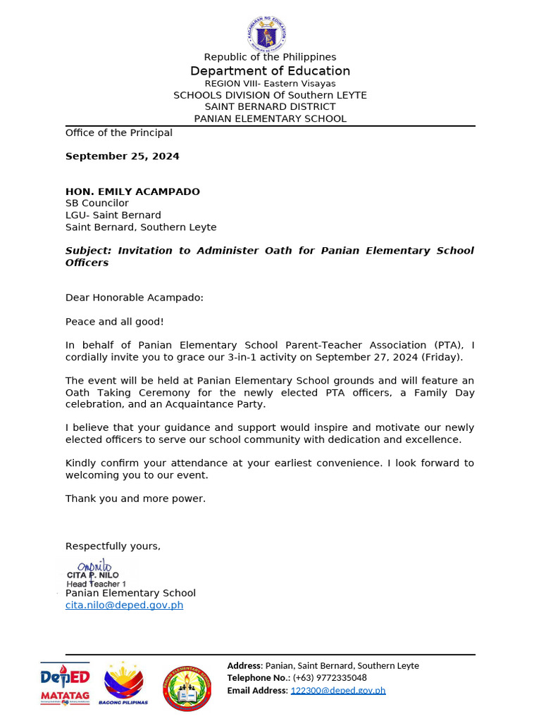 Oath Taking Invitation Letter | PDF