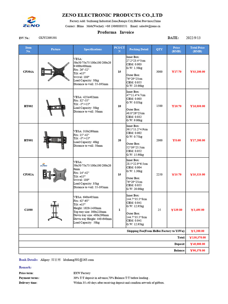 Proforma Invoice for Zeno Products | PDF