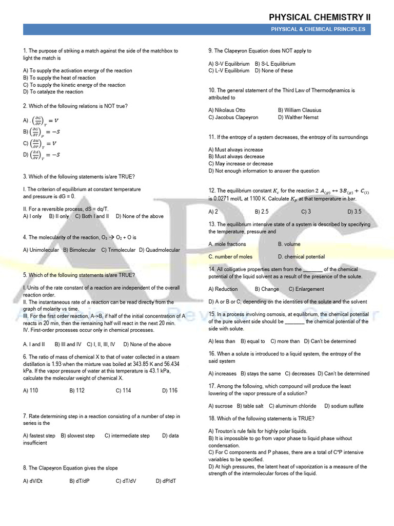 Physical Chem2 Exercise | PDF | Chemical Equilibrium | Physical Sciences