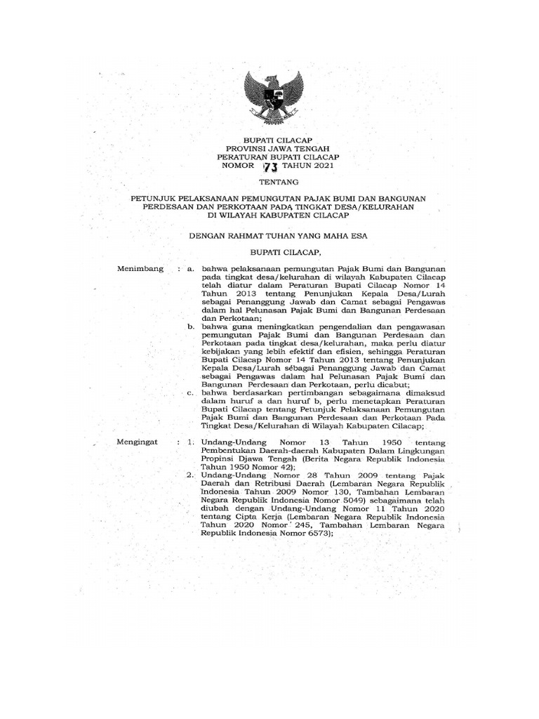 Peraturan Bupati Cilacap Nomor 73 Tahun 2021 Tentang Petunjuk Pelaksanaan Pemungutan PBB ...
