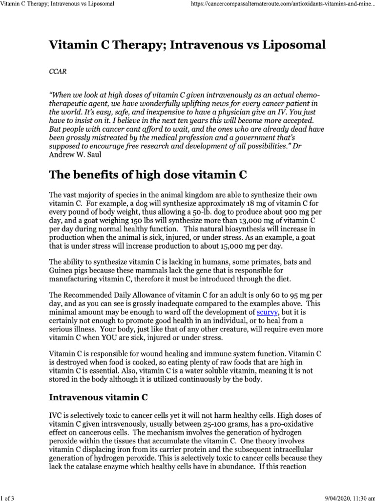 Vitamin C Therapy; Intravenous vs Liposomal.pdf Dosage | PDF