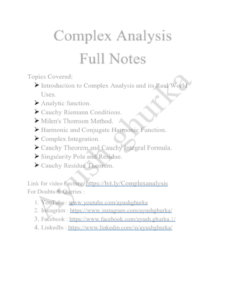Complex Analysis Full Notes | PDF | Complex Analysis | Holomorphic Function