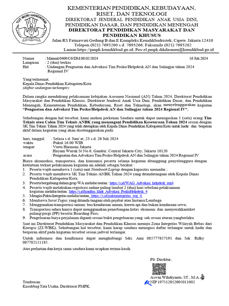 Surat Undangan Peserta Penguatan Dan Advokasi Tim PoskoHelpdesk AN Dan ...