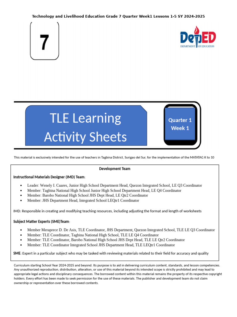 LAS TLE 7 Qtr1 Week1 | PDF | Educational Technology | Educational Assessment