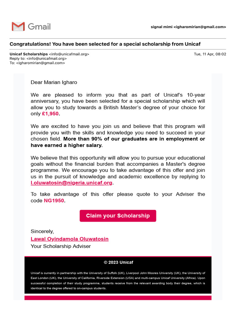 Congratulations! You Have Been Selected For A Special Scholarship From ...
