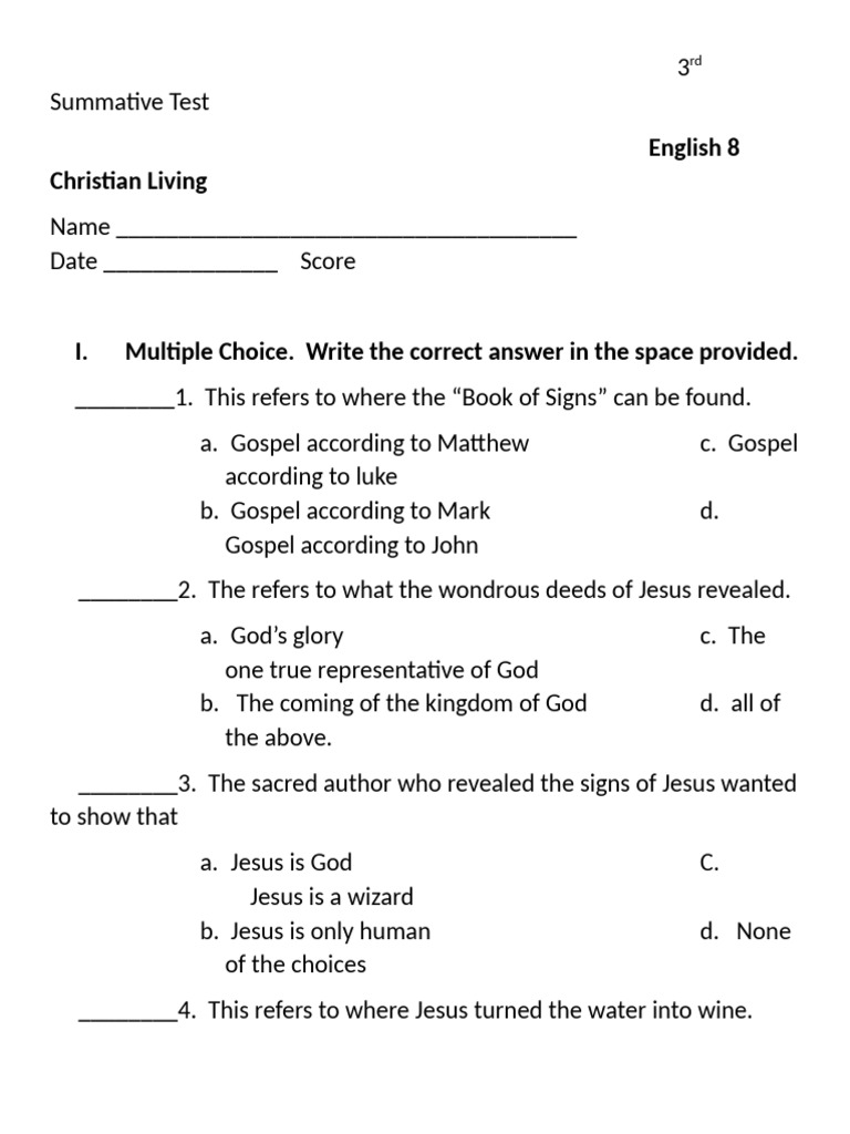English 8 Summative Test on Jesus' Deeds | PDF | Jesus | Eucharist