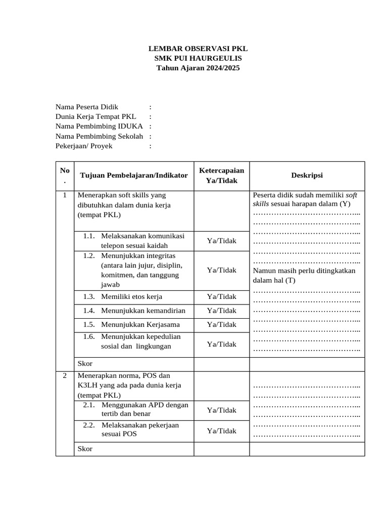 LEMBAR OBSERVASI DAN DAFTAR NILAI PKL_2024 | PDF