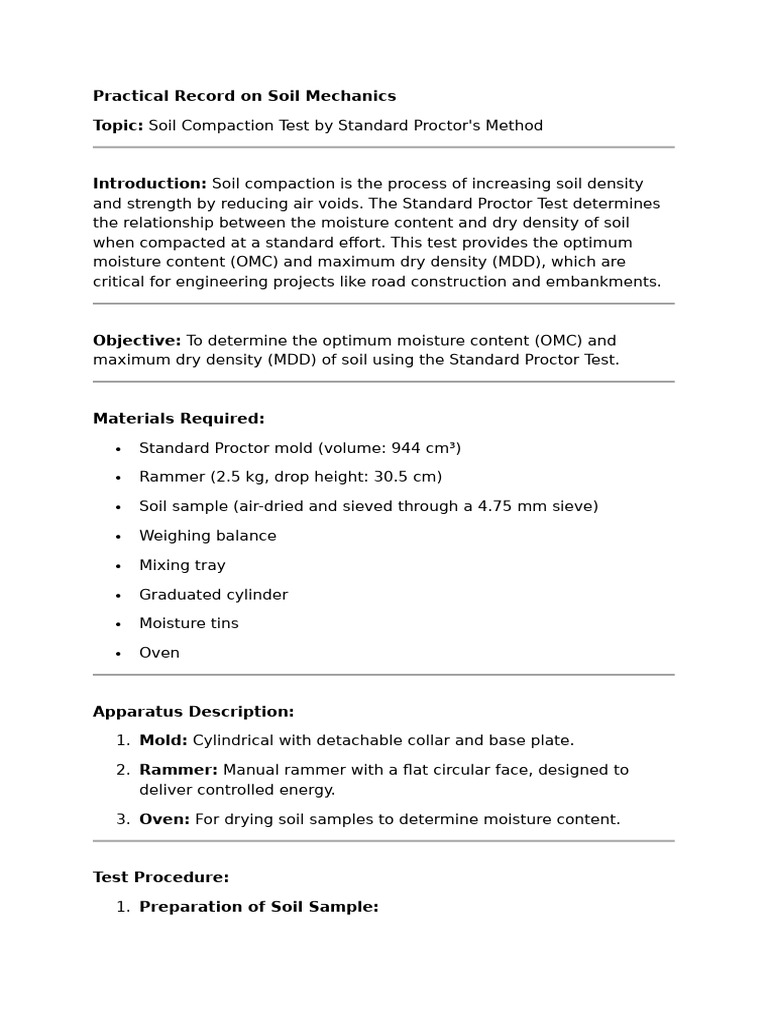 Soil Compaction Test by Proctor's Method | PDF | Density | Soil