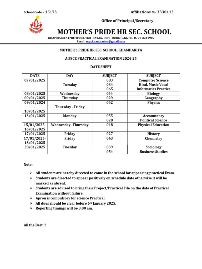 Practical Exam Schedule 2024-25 | PDF
