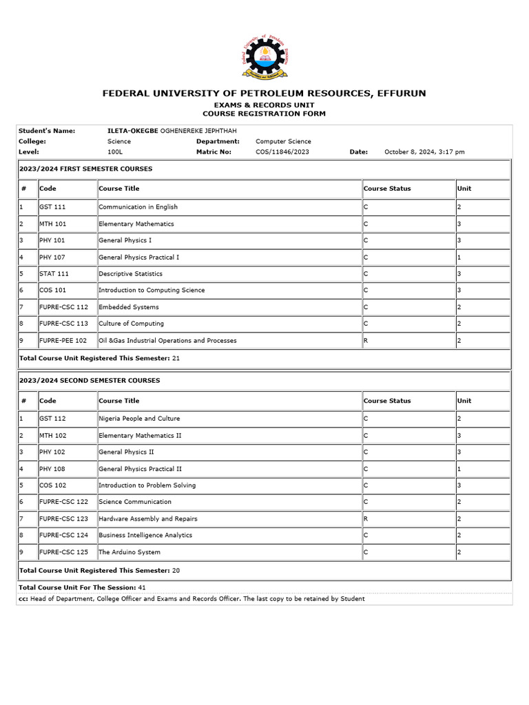 FUPRE Computer Science Course Registration | PDF | Computing | Science