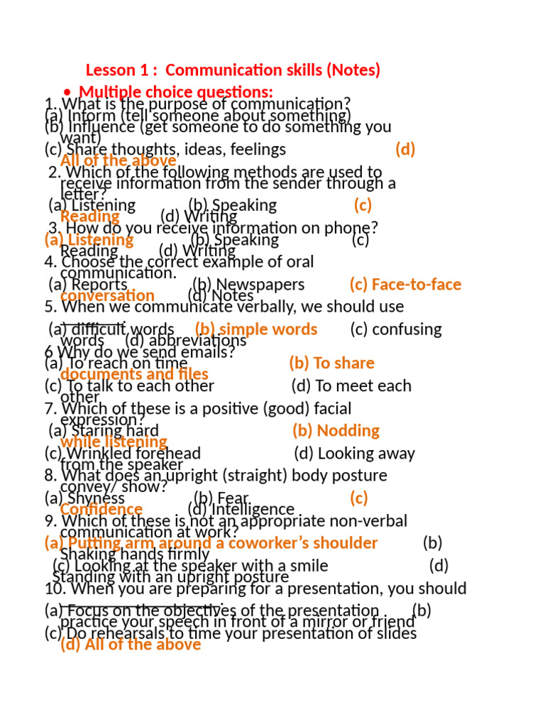 Lesson 1 Communication Skills | PDF | Communication | Nonverbal ...