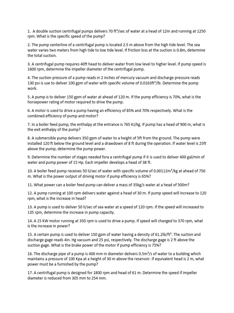 PUMPS Problem Sets | PDF | Pump | Horsepower