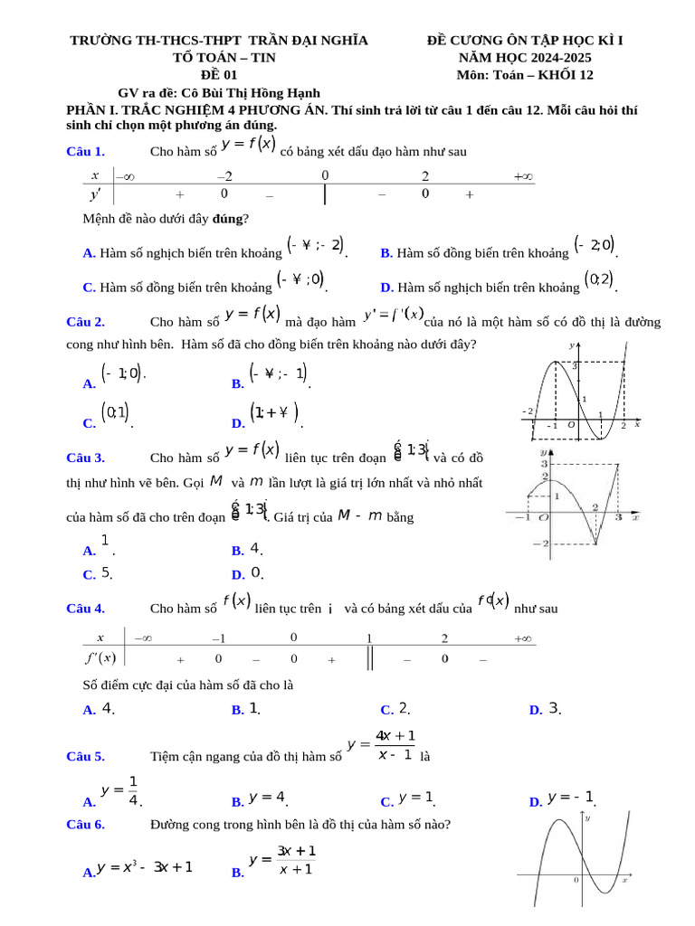 TOÁN 12 - HKI - ĐỀ MINH HỌA | PDF