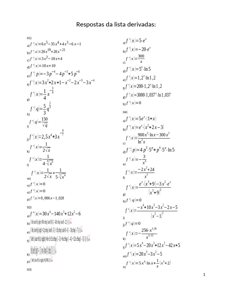 Respostas Lista Derivadas | PDF