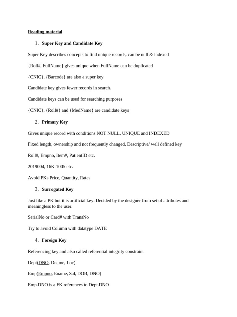 Reading Material Super Key and Candidate Key | PDF