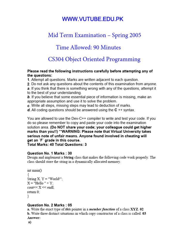 Object Oriented Programming - CS304 Spring 2005 Mid Term Paper | PDF | Computer Engineering ...