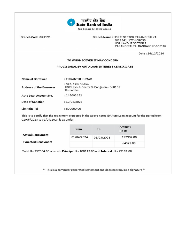 KK EV Auto Loan Certificate 2024-25 PDF | PDF