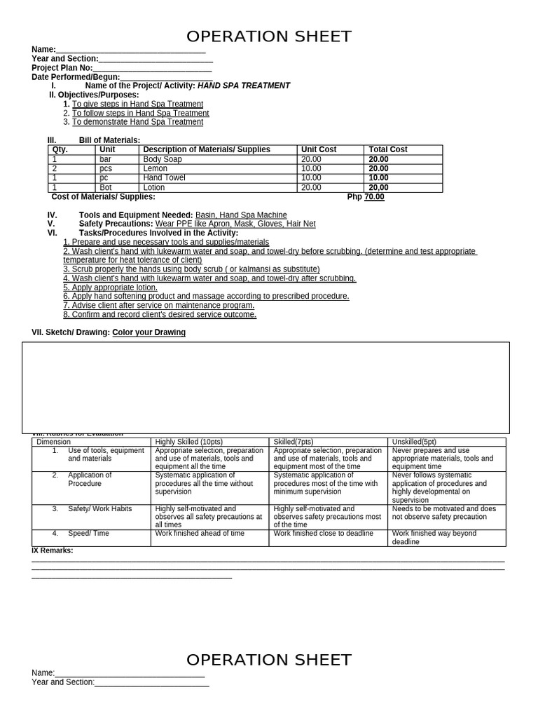 OPERATION SHEET | PDF | Finger | Hand