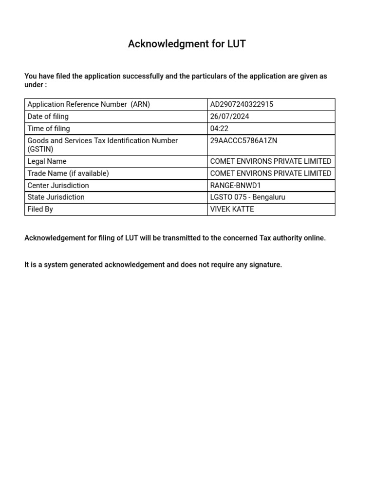 LUT Acknowledgment for Comet Environs | PDF
