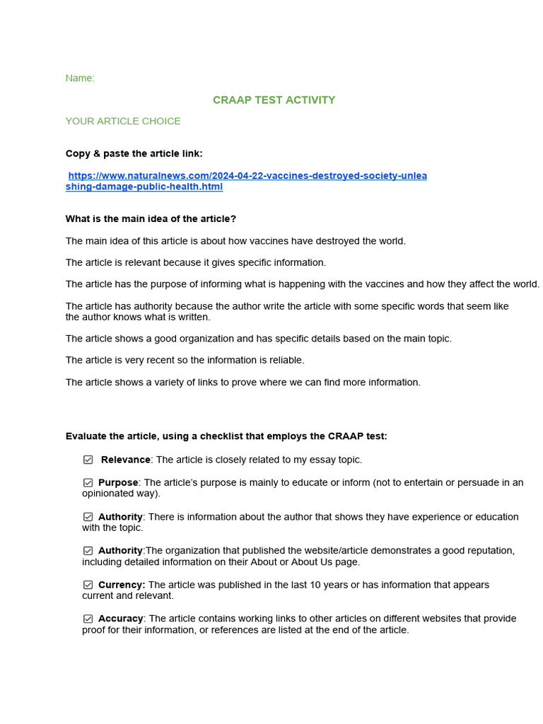 CRAAP TEST ACTIVITY | PDF