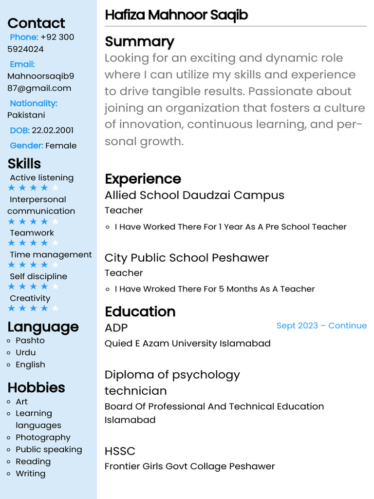 Hafiza Mahnoor Resume 307 | PDF