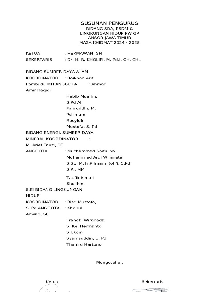 SUSUNAN PENGURUS BID SDA PW ANSOR JATIM 2024 | PDF