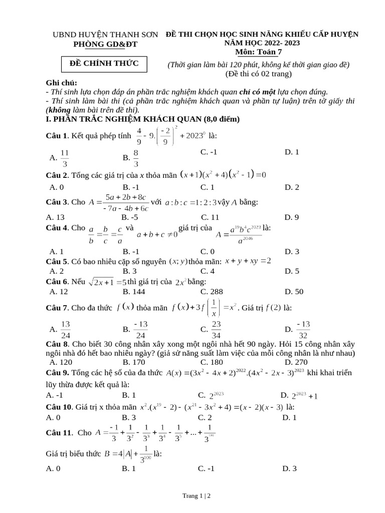 Toán 7 2022-2023 - Hsg Thanh Sơn Phú Thọ | PDF