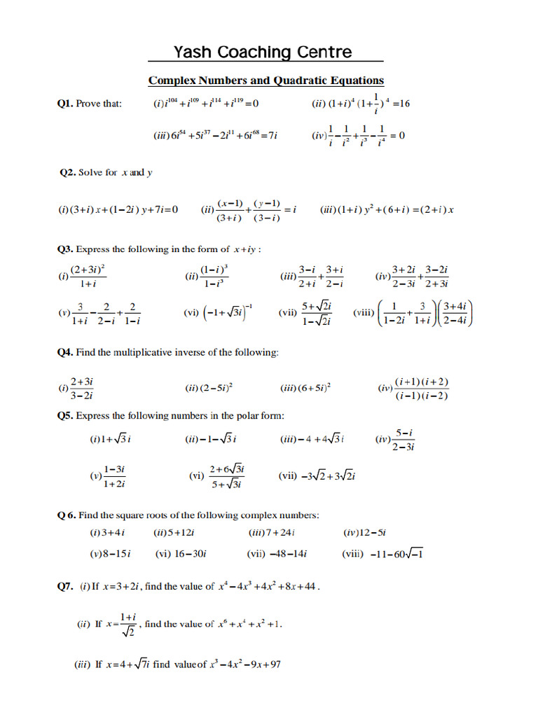 Complex Numbers Quadratic Equations Assignment-New | PDF