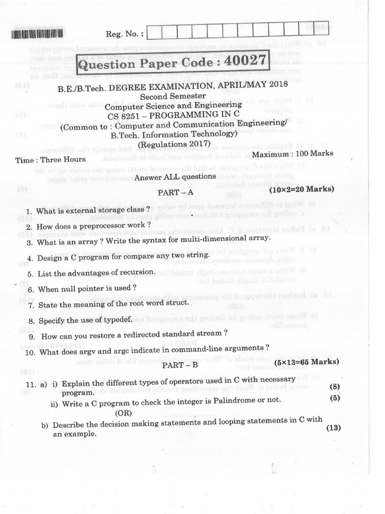 Programming in C - CS8251 2017 Regulation - Semester Question Paper ...