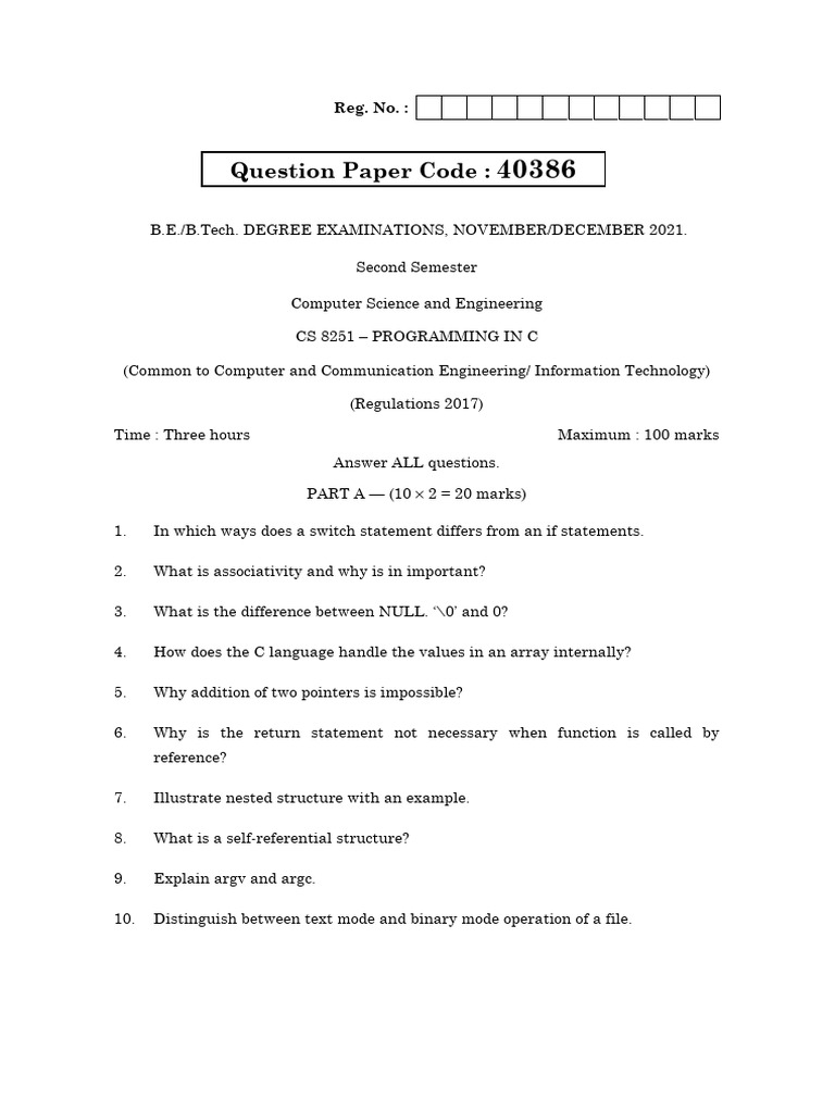 Programming in C - CS8251 2017 Regulation - Semester Question Paper ...