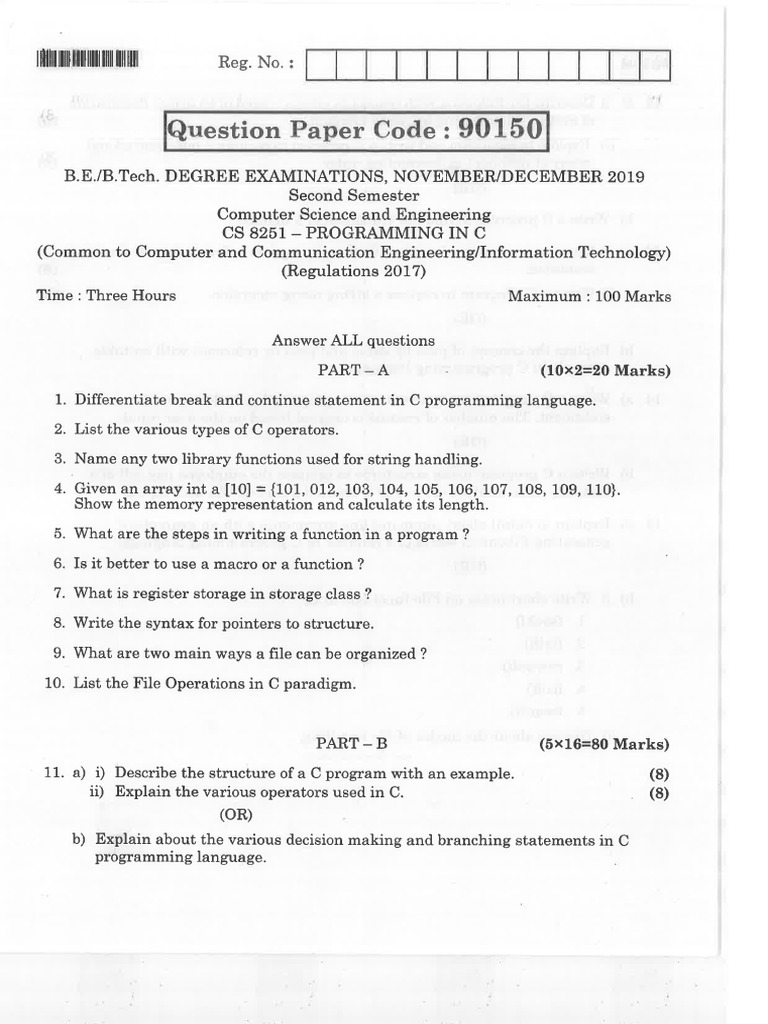 Programming in C - CS8251 2017 Regulation - Semester Question Paper ... Programming in C - CS8251 2017 Regulation - Semester Question Paper ...