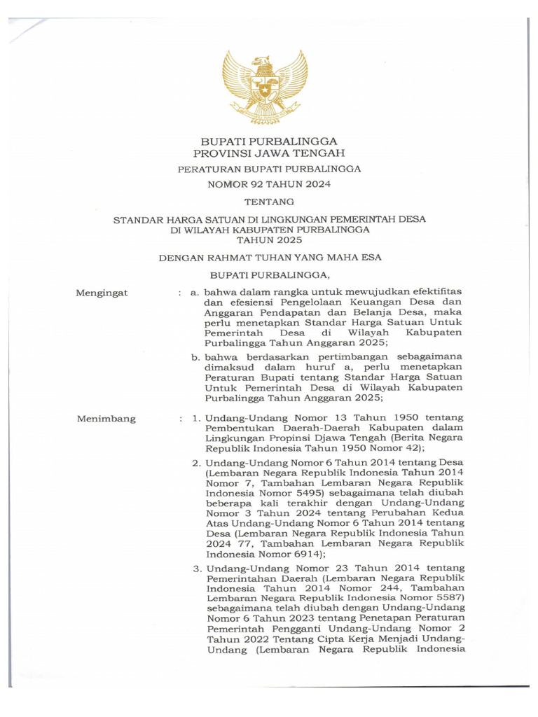 Perbup No 92 Tahun 2024 Shs Desa - Ta. 2025 | PDF