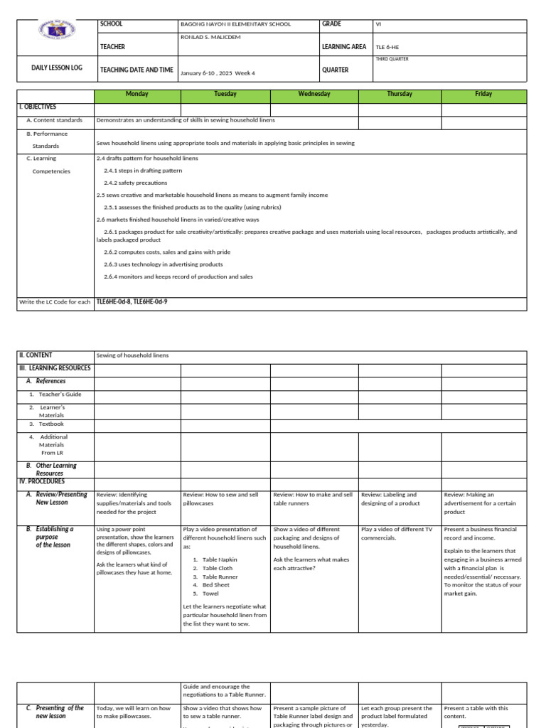 DLL TLE HE 6 Week 4 Copy1 | PDF | Sales | Marketing
