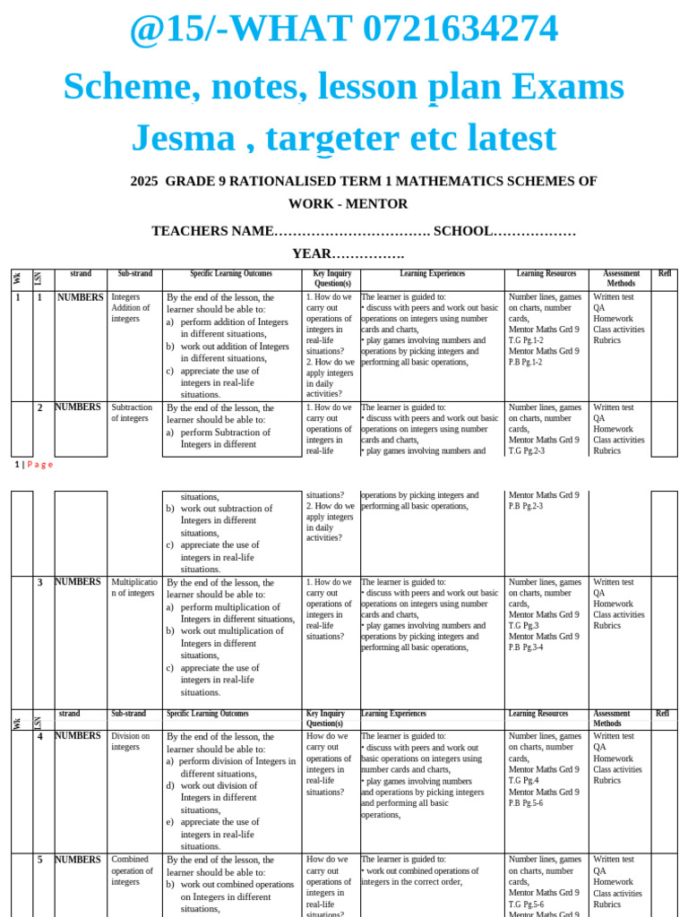 GRADE 9 TERM 1 MATHEMATICS SCHEMES mentor | PDF | Matrix (Mathematics ...