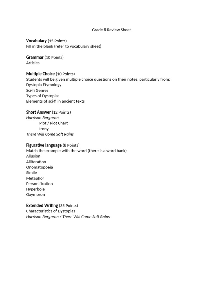 Grade 8 Review Sheet | PDF